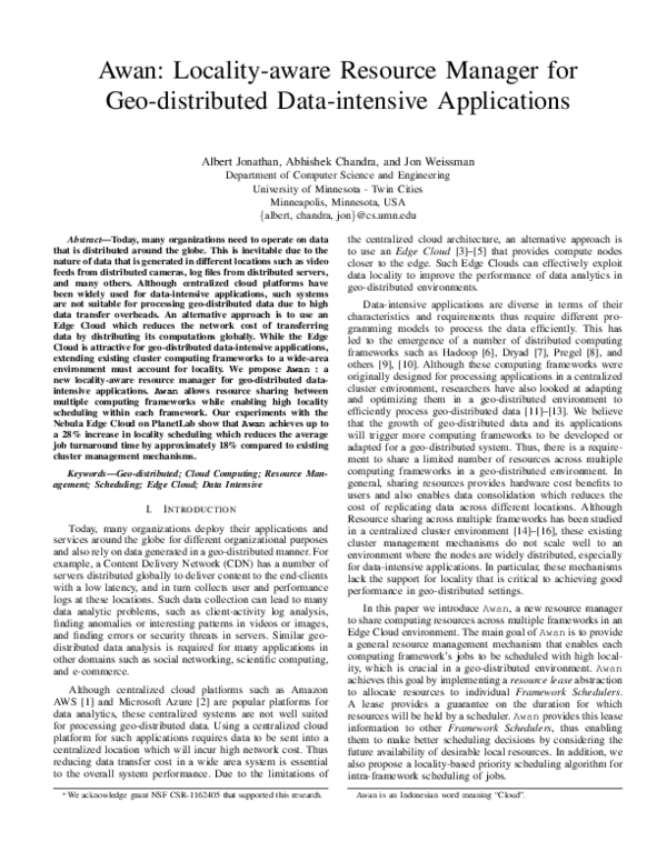 (PDF) Awan: Locality-Aware Resource Manager for Geo-Distributed Data-Intensive Applications