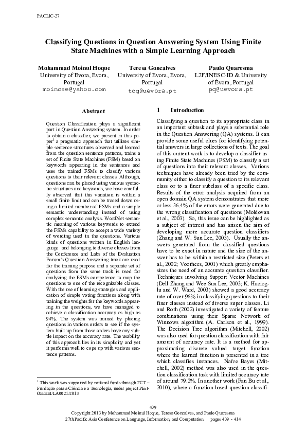 (PDF) Classifying Questions with FSMs in QA Systems