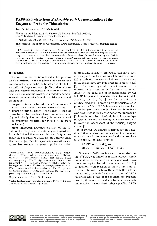 (PDF) PAPS-Reductase from Escherichia coli: Characterization of the ...