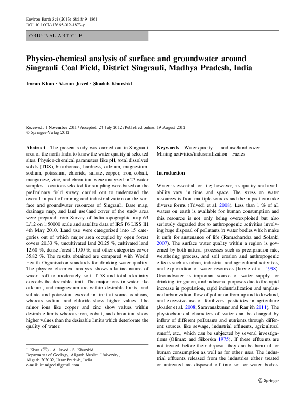 (PDF) Physico-chemical analysis of surface and groundwater around ...