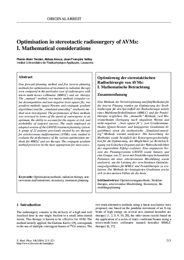 (PDF) Optimisation in stereotactic radiosurgery of AVMs: II. Comparison of arc and MMLC therapy