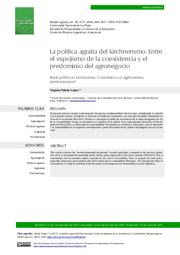 (PDF) La política agraria del kirchnerismo. Entre el espejismo de la ...