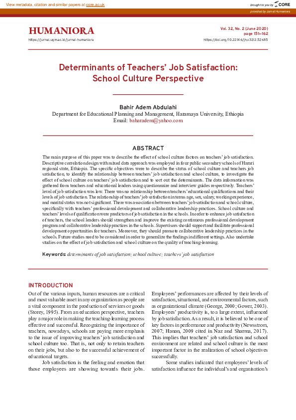 (PDF) Determinants of Teachers’ Job Satisfaction: School Culture Perspective