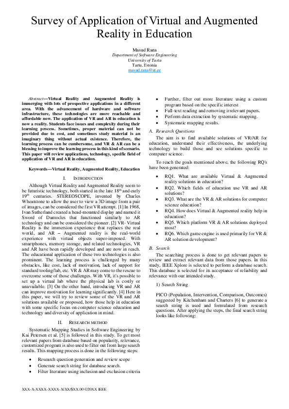 (PDF) Survey of Application of Virtual and Augmented Reality in Education