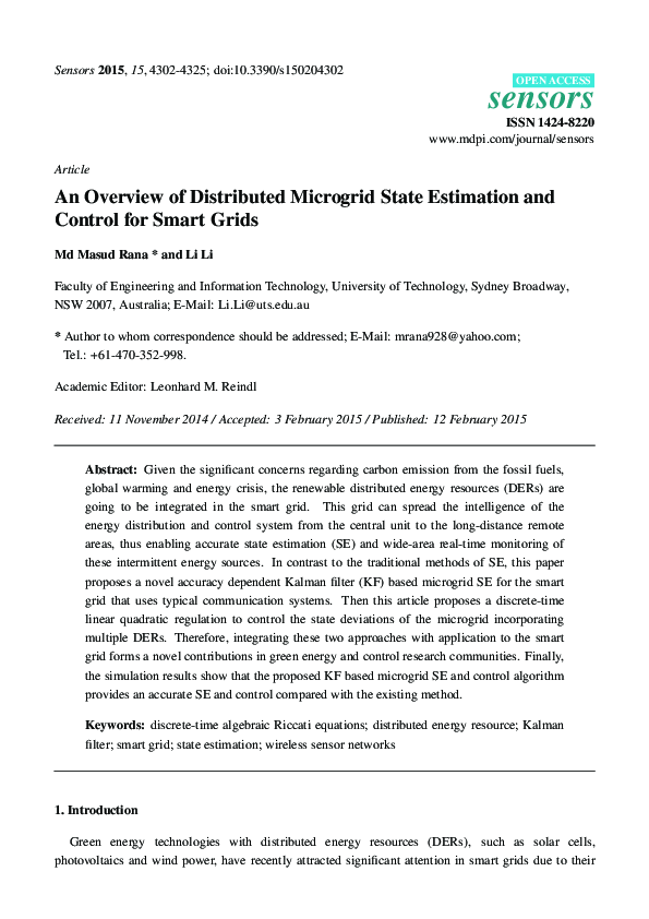 Pdf An Overview Of Distributed Microgrid State Estimation And Control For Smart Grids