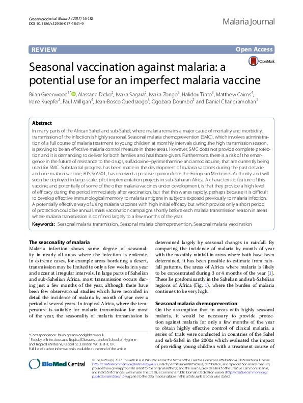 (PDF) Seasonal vaccination against malaria: a potential use for an ...