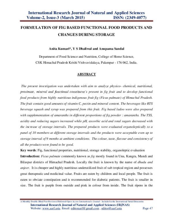 Formulation of Fig Based Functional Food Products and Changes During ...