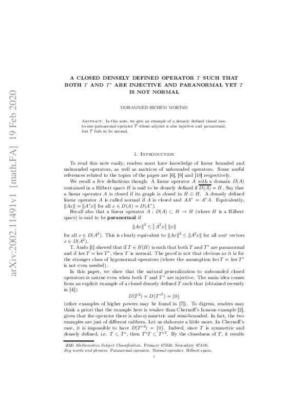 (PDF) A closed densely defined operator $T$ such that both $T$ and $T^*$ are injective and ...