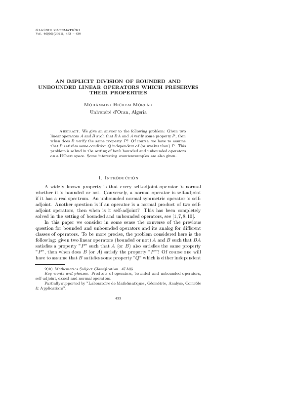 Pdf An Implicit Division Of Bounded And Unbounded Linear Operators Which Preserves Their
