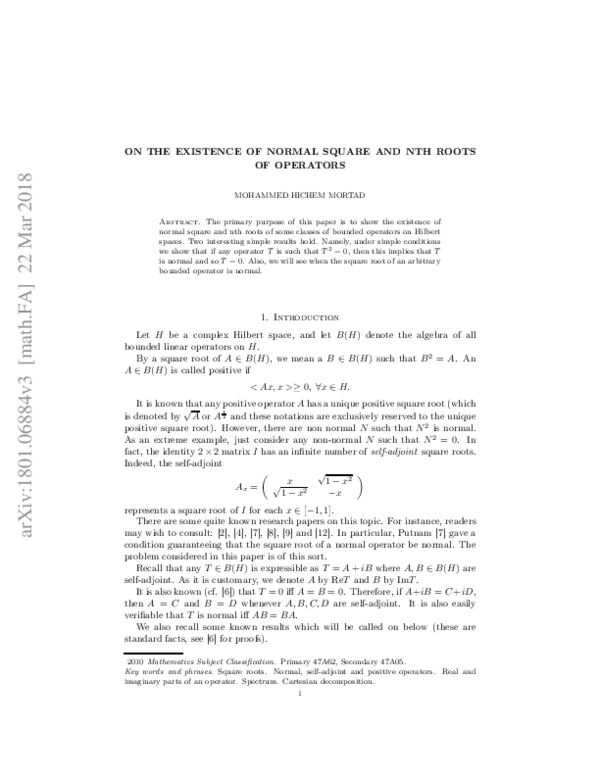 (PDF) On the existence of normal square and nth roots of operators