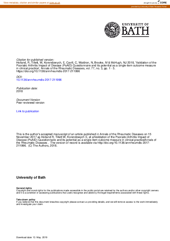 Pdf Validation Of The Psoriatic Arthritis Impact Of Disease Psaid Questionnaire And Its