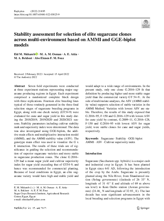 (PDF) Stability assessment for selection of elite sugarcane clones across multi-environment ...