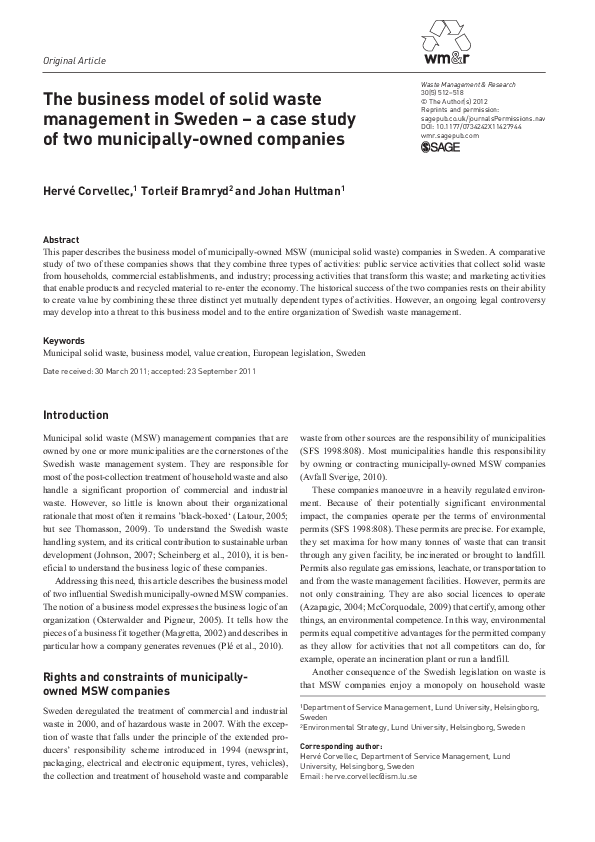 (PDF) The business model of solid waste management in Sweden - a case study of two municipally ...