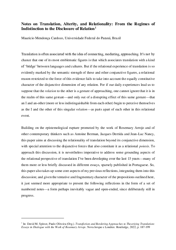 (PDF) Notes on Translation, Alterity, and Relationality: From the ...