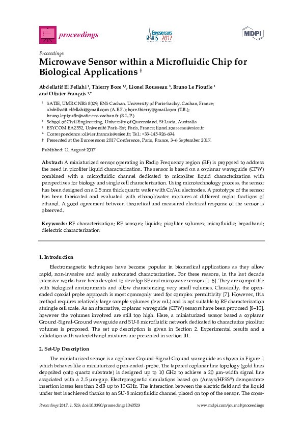 Pdf Microwave Sensor Within A Microfluidic Chip For Biological Applications