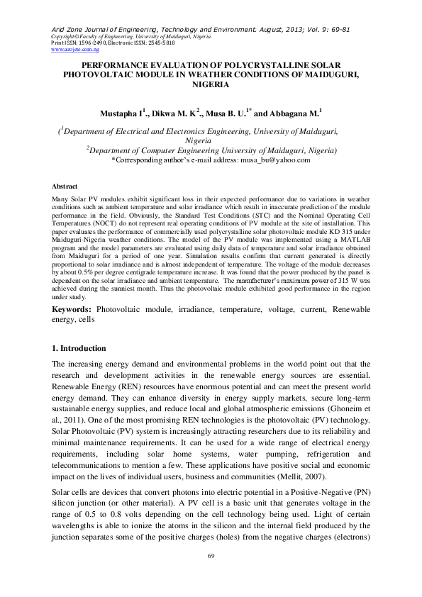 Pdf Evaluating Polycrystalline Solar Pv In Maiduguri