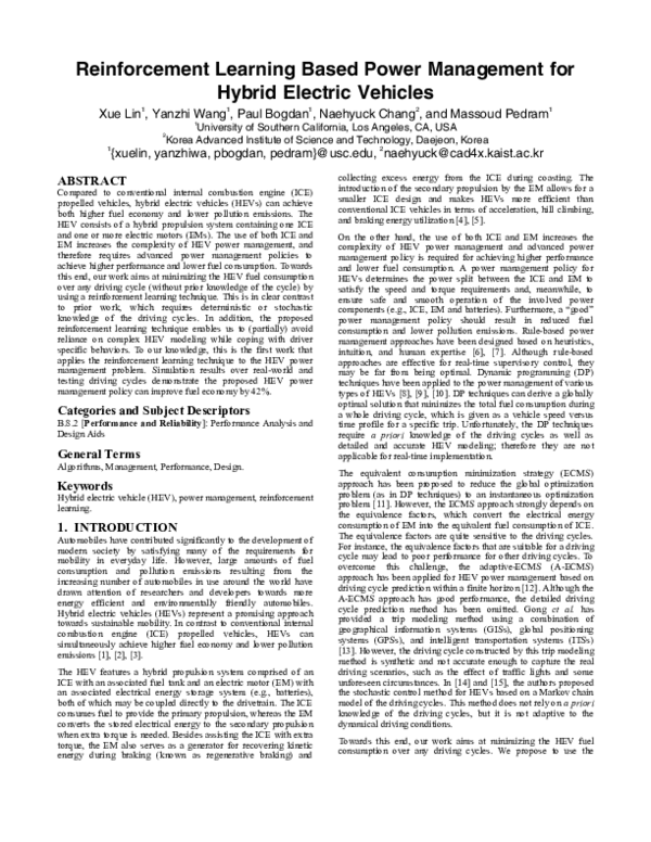 (PDF) Reinforcement learning based power management for hybrid electric vehicles