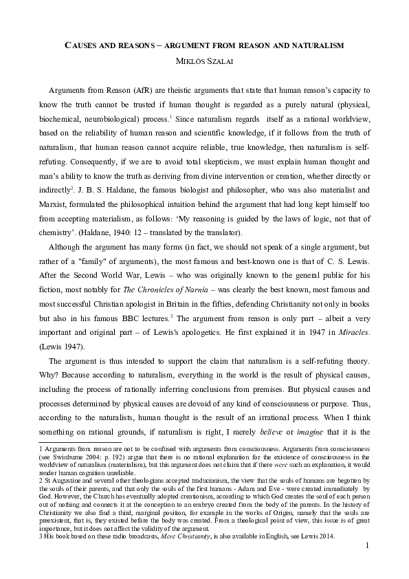 (DOC) Causes and reasons -argument from reason and naturalism