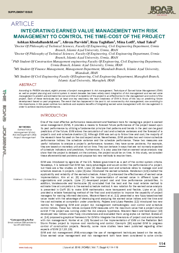 (PDF) Integrating Earned Value Management with Risk Management to Control the Time-cost of the ...