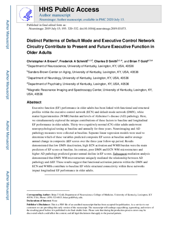(PDF) Distinct patterns of default mode and executive control network circuitry contribute to ...