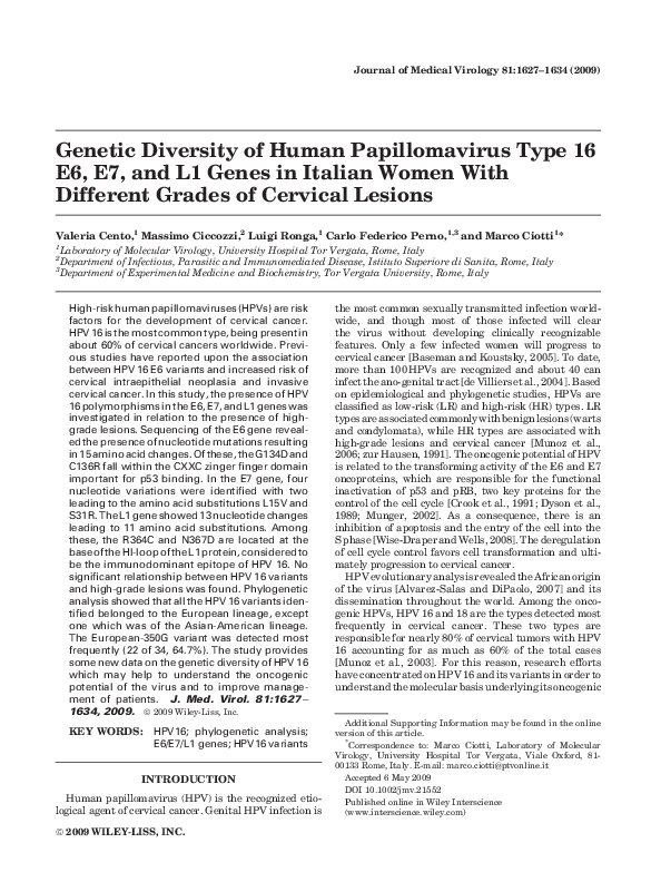 Pdf Genetic Diversity Of Human Papillomavirus Type 16 E6 E7 And L1 1630