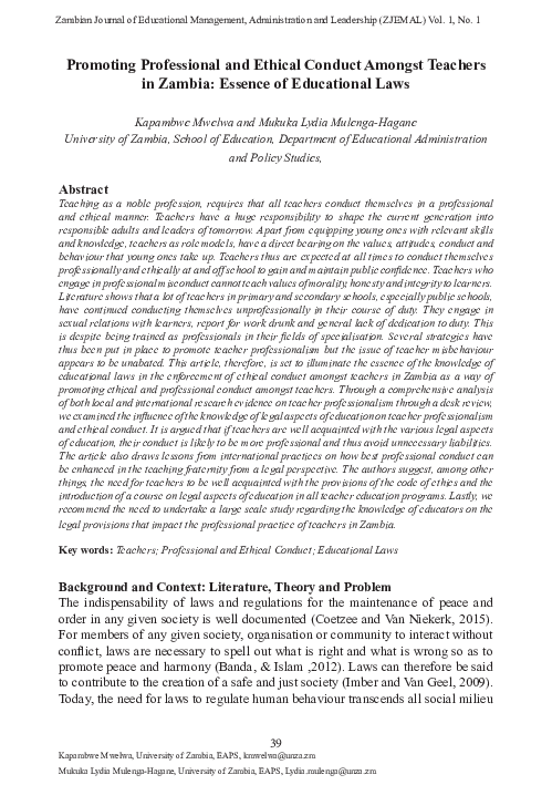 (PDF) Promoting Professional and Ethical Conduct Amongst Teachers in Zambia