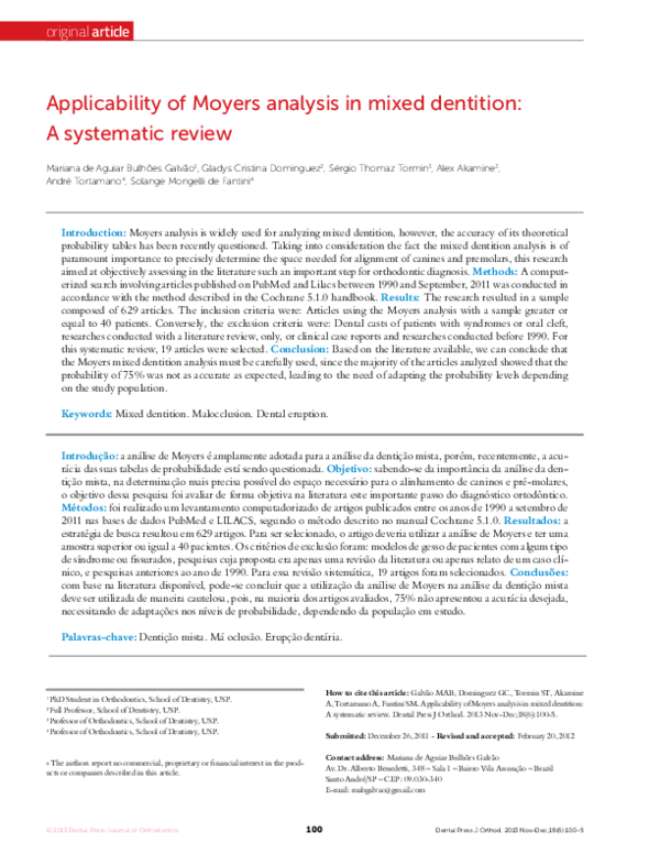 (PDF) Applicability of Moyers analysis in mixed dentition: A systematic ...