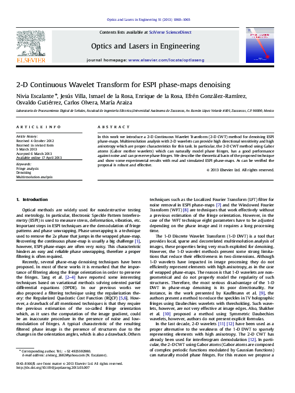 (PDF) 2-D Continuous Wavelet Transform for ESPI phase-maps denoising