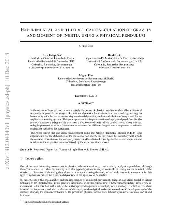 (PDF) Experimental and theoretical calculation of gravity and moment of inertia using a physical ...