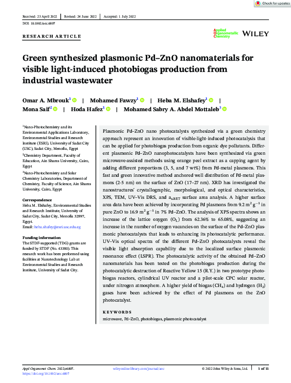(PDF) Green synthesized plasmonic Pd-ZnO nanomaterials for visible light-induced photobiogas ...