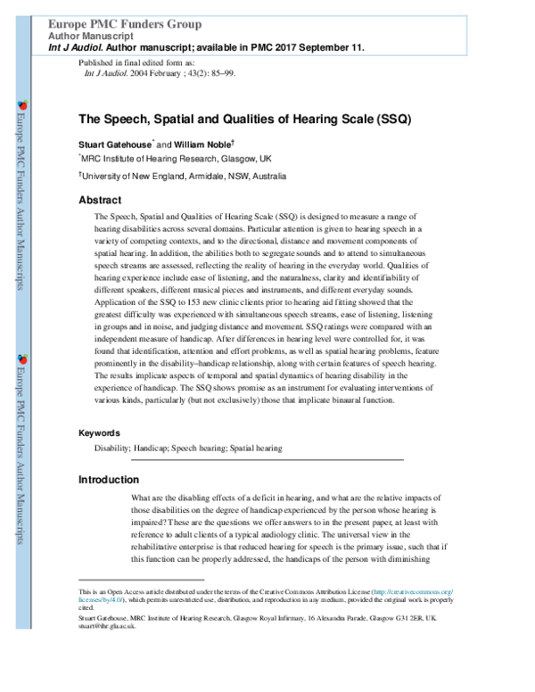 (PDF) The Speech, Spatial and Qualities of Hearing Scale (SSQ)