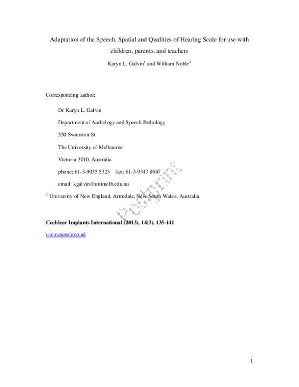 (PDF) Adaptation of the speech, spatial, and qualities of hearing scale for use with children ...