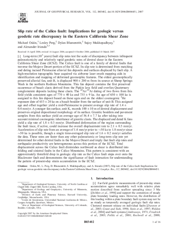 (PDF) Slip rate of the Calico fault: Implications for geologic versus ...