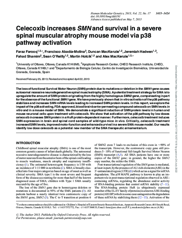 (PDF) Celecoxib increases SMN and survival in a severe spinal muscular atrophy mouse model via ...