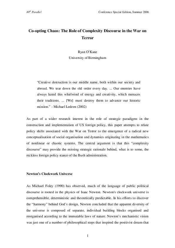 (PDF) Co-opting Chaos: The Role of Complexity Discourse in the War on ...