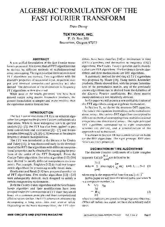 Pdf Algebraic Formulation Of The Fast Fourier Transform