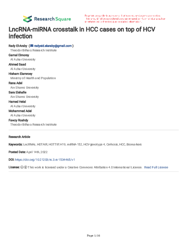 (PDF) LncRNA-miRNA crosstalk in HCC cases on top of HCV infection