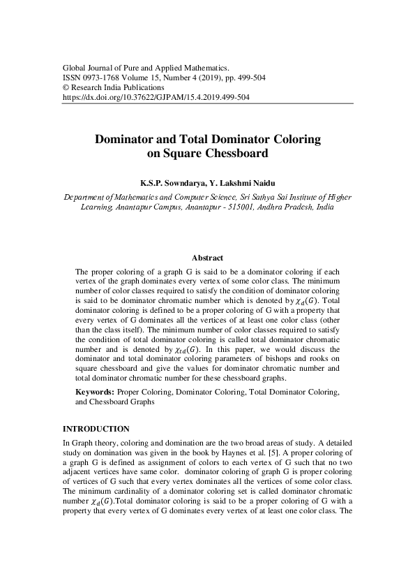 (PDF) Dominator and Total Dominator Coloring on Square Chessboard