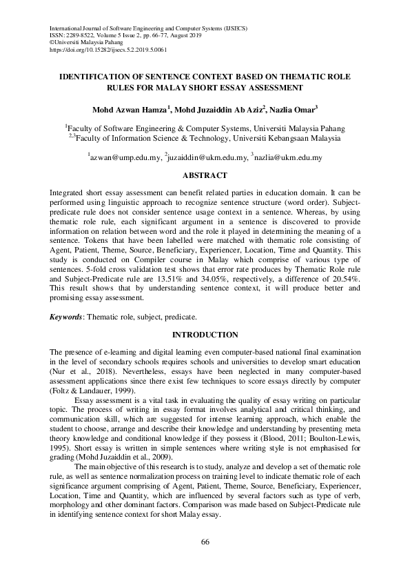 Pdf Identification Of Sentence Context Basedon Thematic Role Rules For Malay Short Essay