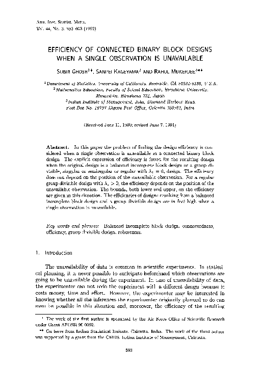 (PDF) Efficiency of connected binary block designs when a single ...