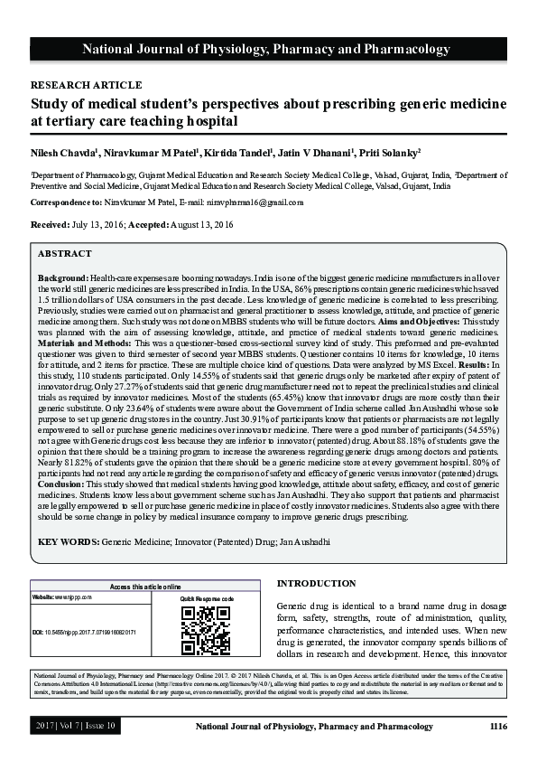 (PDF) Medical Students' Perspectives on Prescribing Generic Medicines