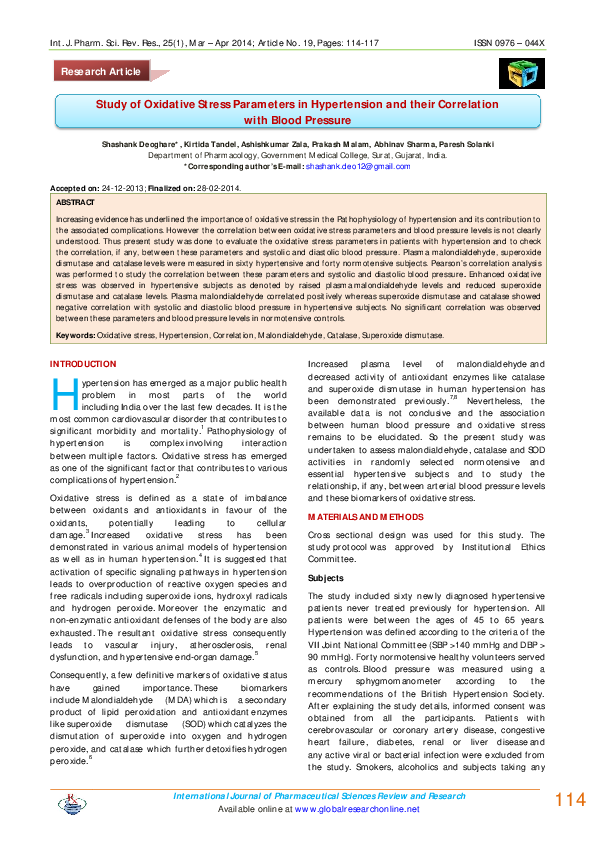 (PDF) Study of Oxidative Stress Parameters in Hypertension and their Correlation with Blood Pressure