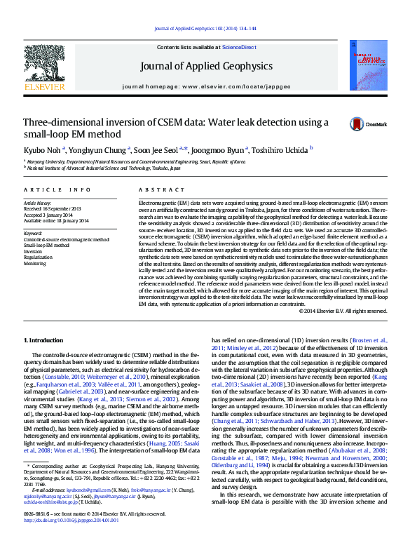 (PDF) Three-dimensional inversion of CSEM data: Water leak detection using a small-loop EM method