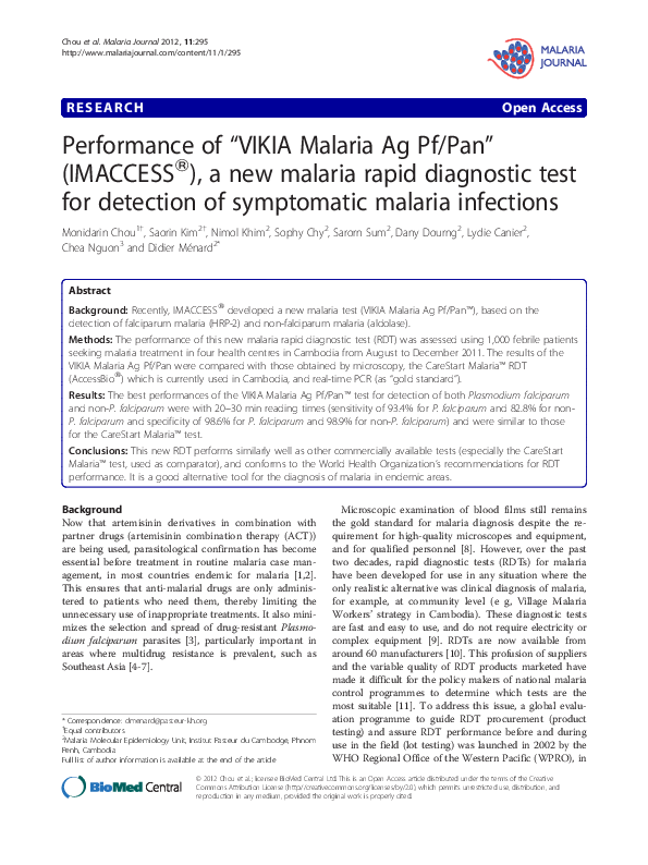 (PDF) Performance of “VIKIA Malaria Ag Pf/Pan” (IMACCESS®), a new ...