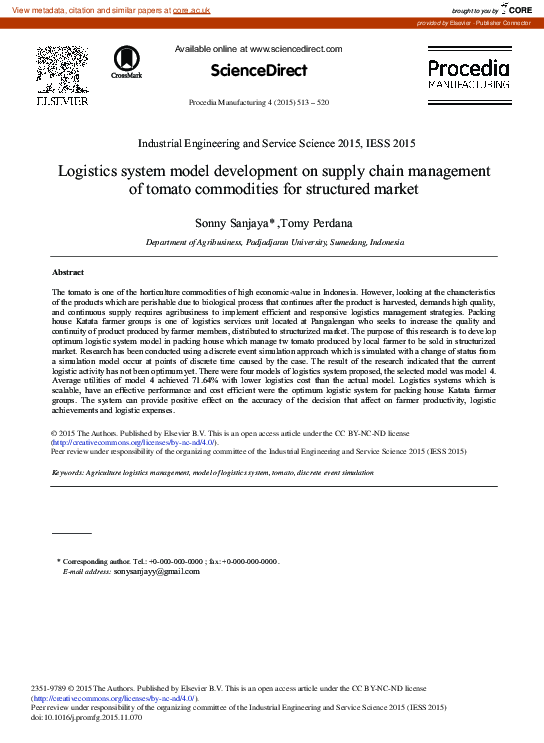 (PDF) Logistics System Model Development on Supply Chain Management of Tomato Commodities for ...