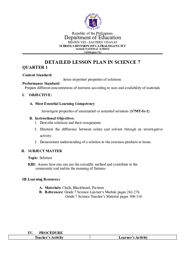 (DOC) DETAILED LESSON PLAN IN Solution Grade 7