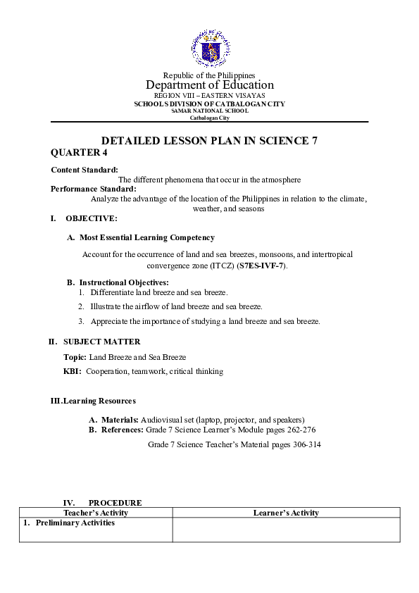 (DOC) LESSON PLAN IN LAND and SEA BREEZE Grade 7 Final