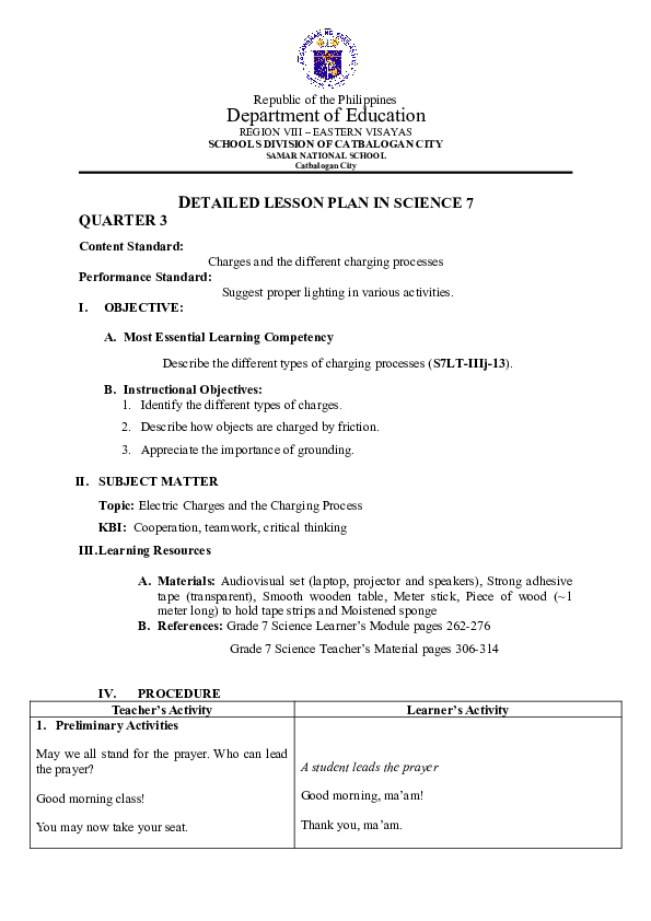 (DOC) LESSON PLAN IN ELECTRICITY Grade 7