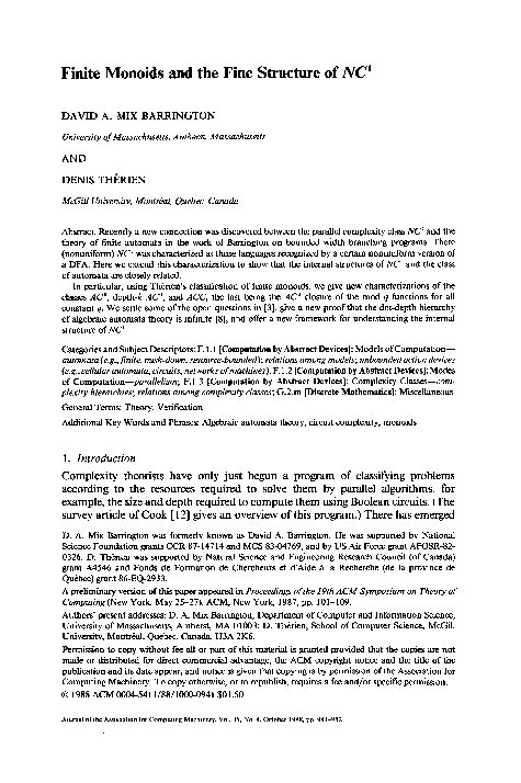 (PDF) Finite monoids and the fine structure of NC 1