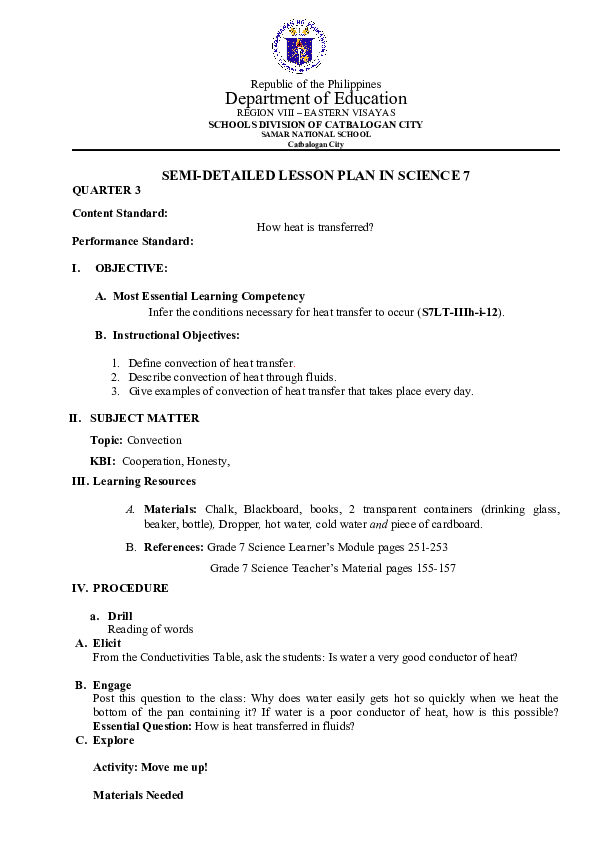(DOC) SEMI DETAILED LESSON PLAN IN CONVECTION HEAT TRANSFER Grade 7